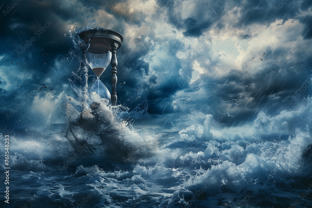 hourglass suspended over turbulent waters, its sand slipping away as ...