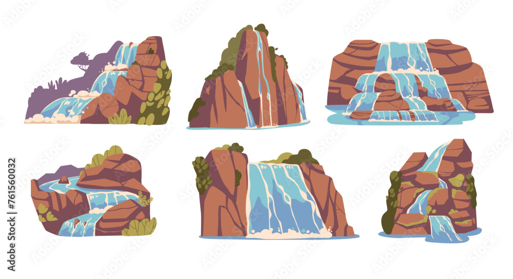 Cartoon Waterfalls And Water Cascades Vector Set. Game Assets, Falling ...