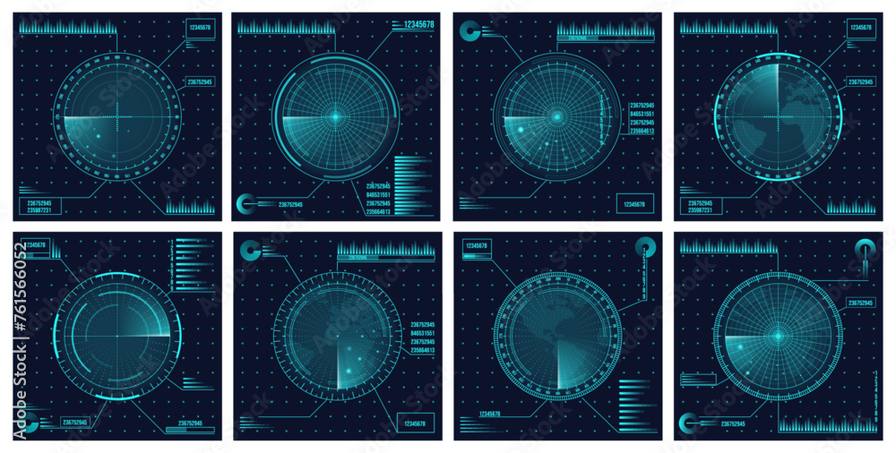 Poster Digital blue realistic vector radar with targets on monitor in ...