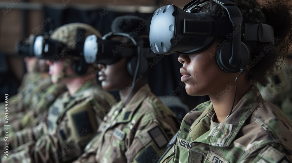 Military personnel with virtual reality headsets engage in immersive ...