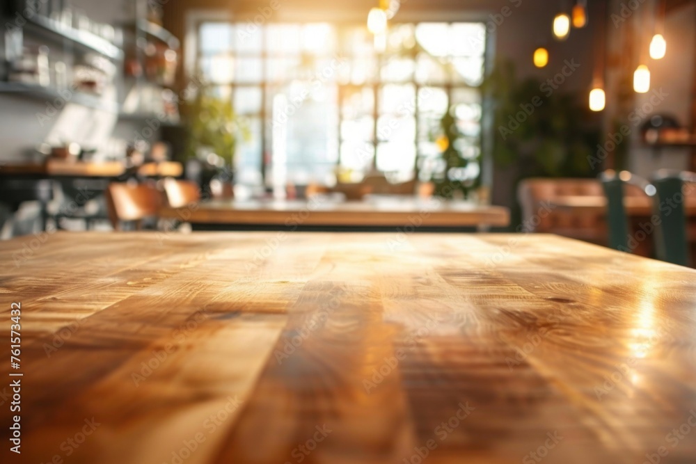 Selective focus on wooden kitchen island. empty dining table with copy ...