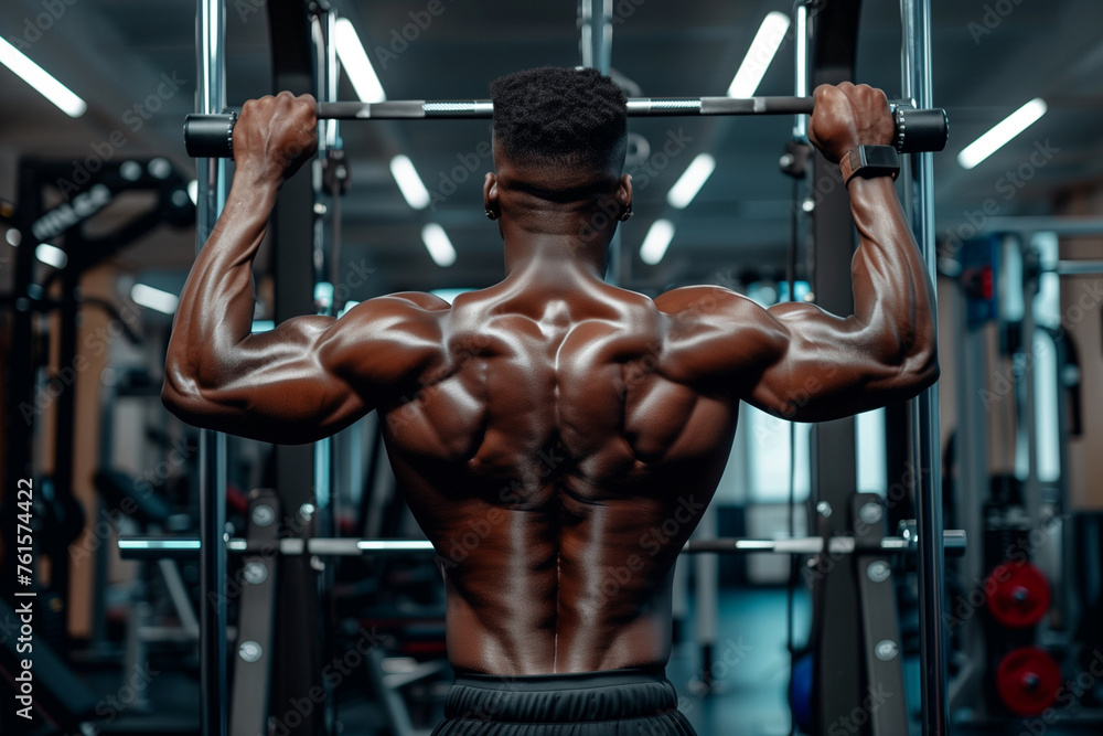 ภาพประกอบสต็อก A man with a muscular body is standing in a gym. He is ...