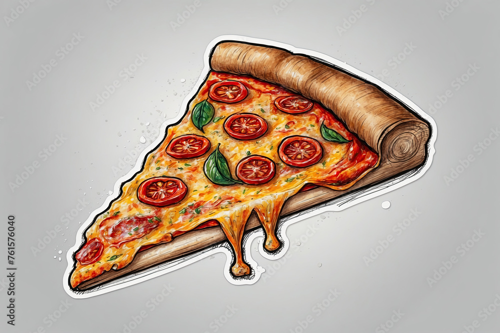 Bright sticker Piece of pizza on a gray background. Pizza sticker ...