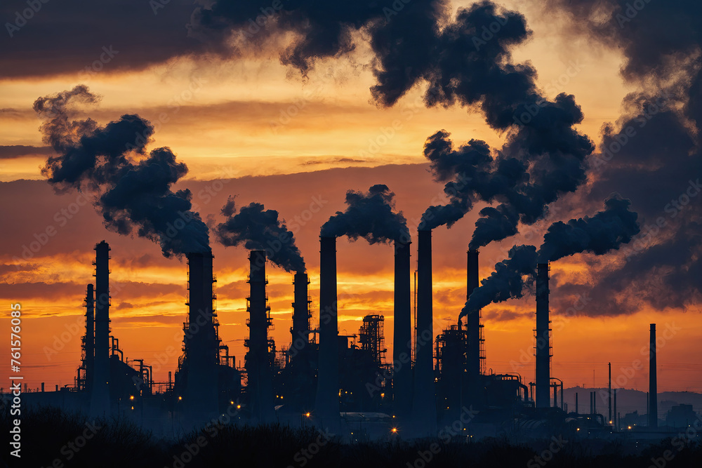 Chimneys of a chemical plant, from which thick smoke rises into the sky ...