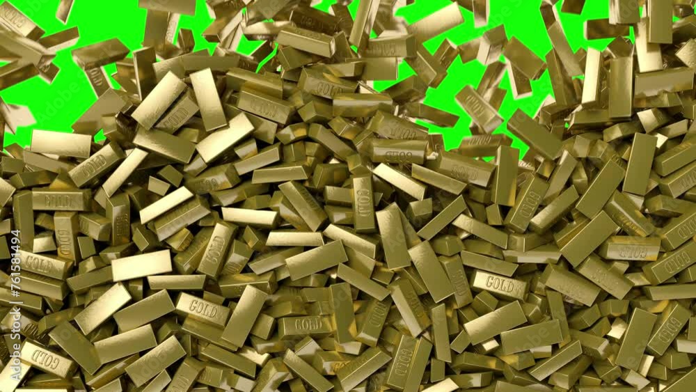 Gold bars falling down. Golden bars drooping and stacking. Many gold ...