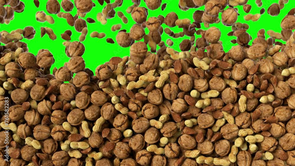 Different kind of nuts falling down green screen animation. Mix of nuts ...