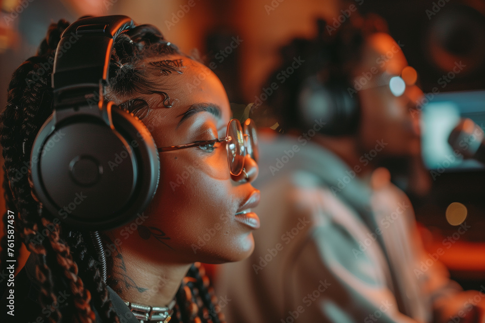a close up of 2 singers female and man seating in front of each other ...