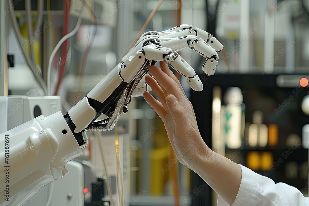 Robot hand and human hand touching each other close up shot, futuristic ...