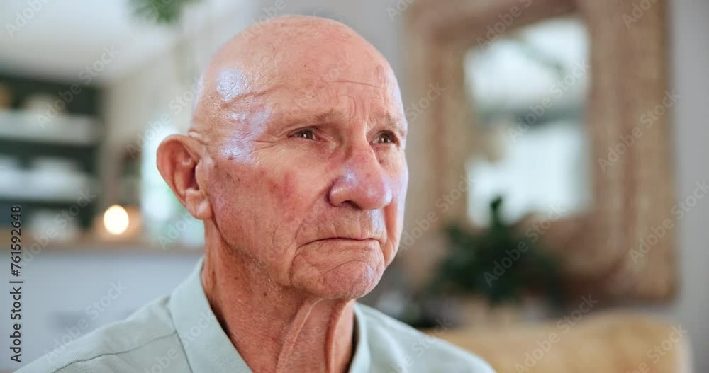 Emotional, senior man and mourning while sad, thinking and depressed in house, lounge and living ...
