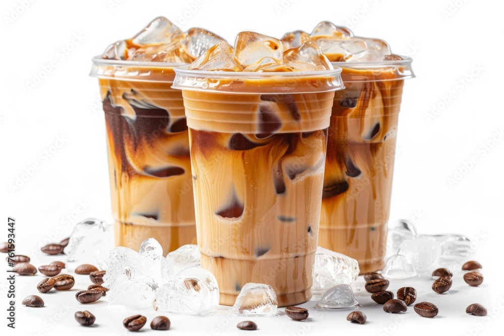 Cold brewed ice latte coffee on plastic cup, side view with transparent ...