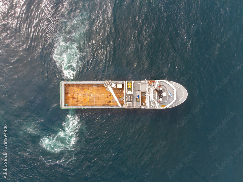 ASD Offshore supply vessel from above, testing propulsion. Aft azimuth ...