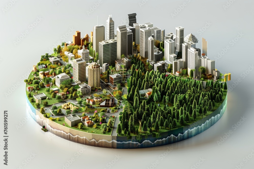 Circular sustainable chart of city and forest, model cross section, 3D ...