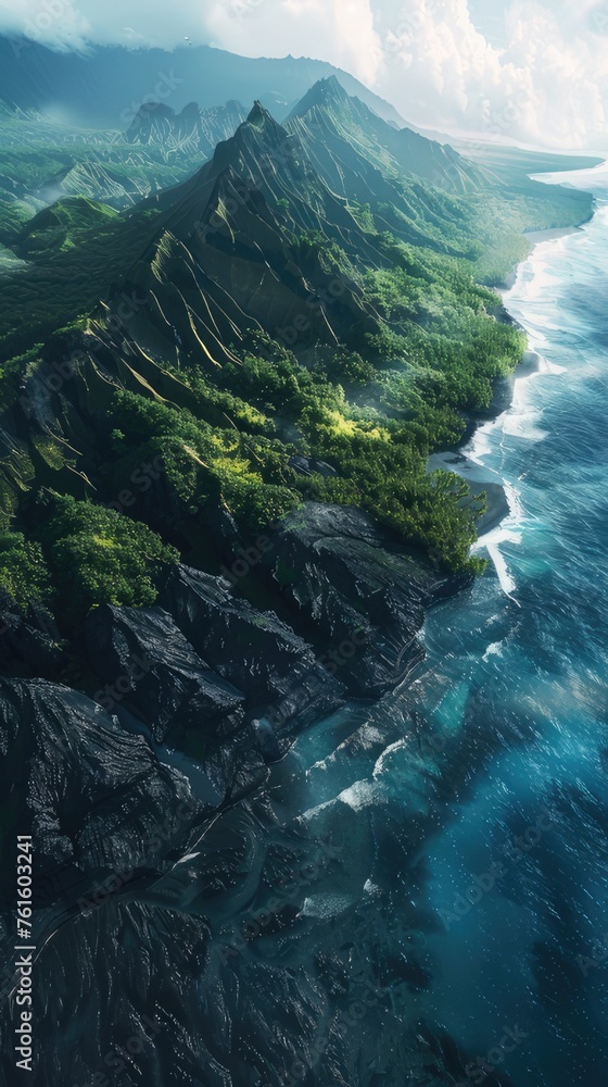 the black slopes of a volcano, juxtaposed against a lush jungle below ...