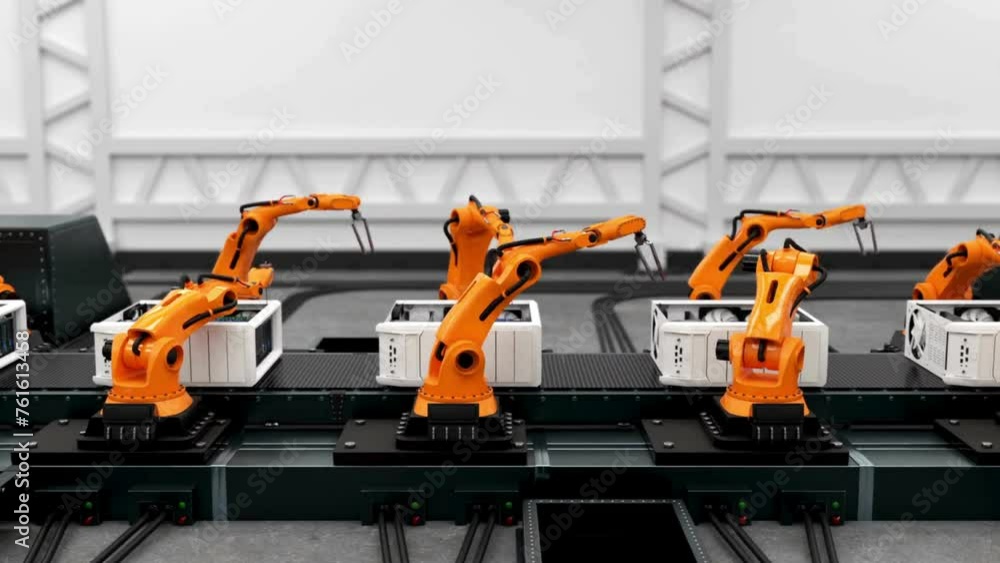 This video showcases robotic arms assembling computers on a conveyor ...