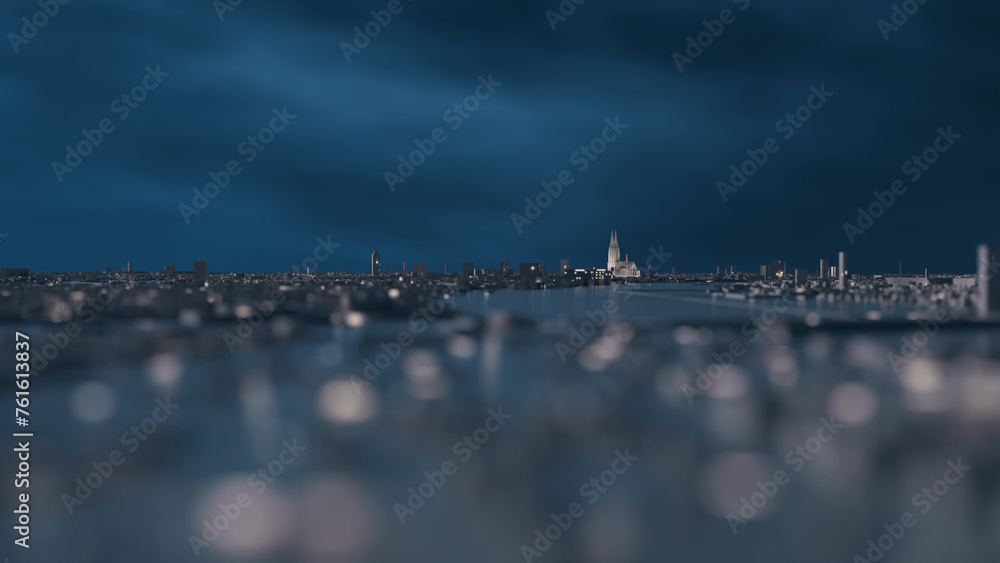 3D model of Cologne at night with the illuminated Cologne Cathedral and ...