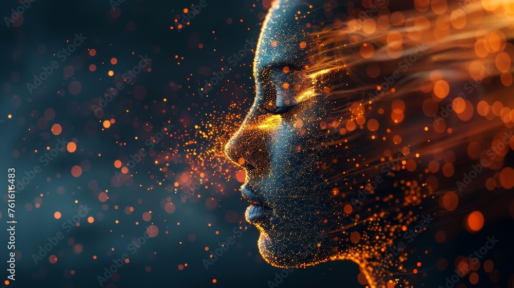 A side profile of a digital human portrait disintegrating with a ...