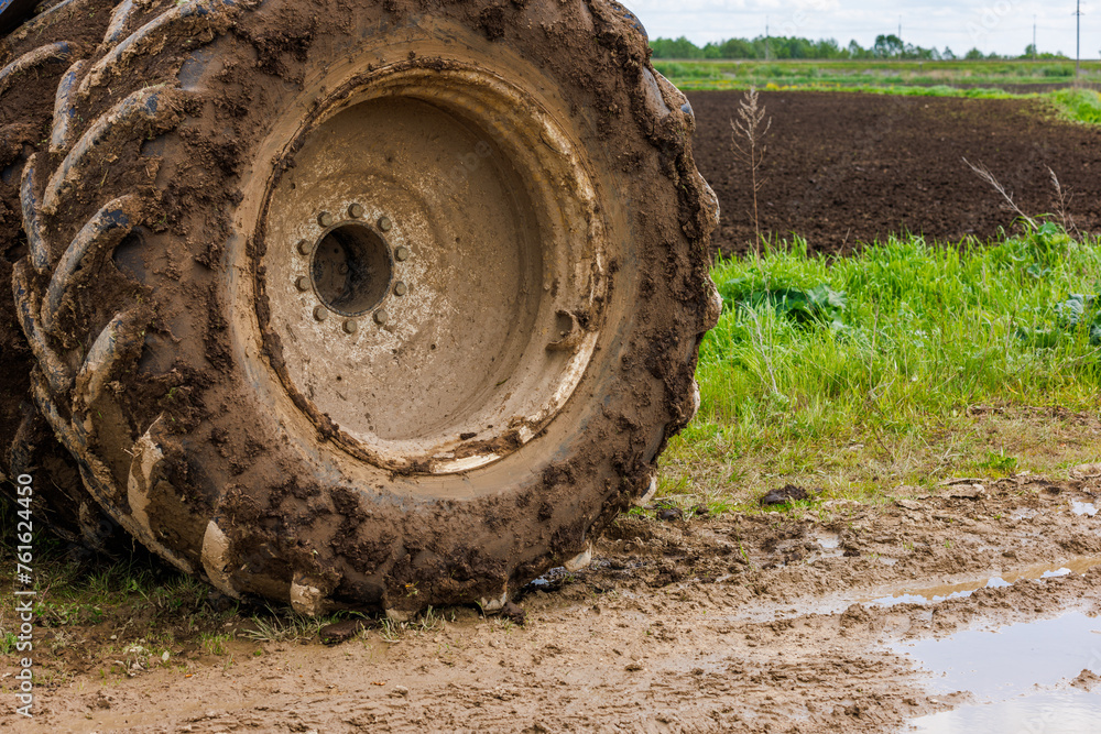 dirty double wheel of a big agriculture tractor on dirt road at summer ...
