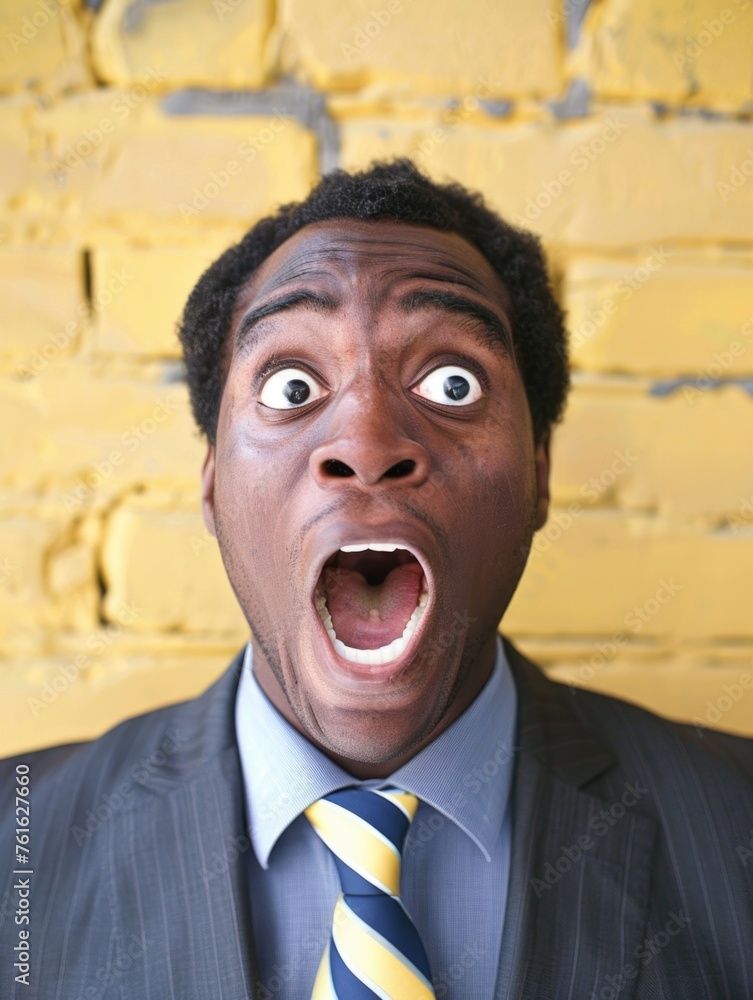 A man wearing a suit and tie with a surprised expression, his mouth ...