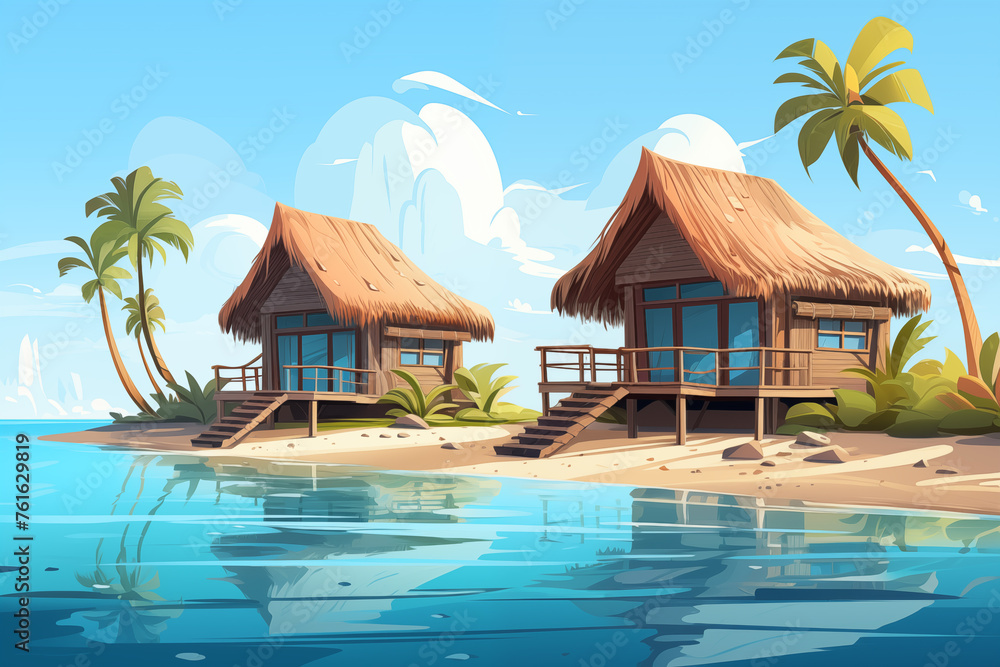 Cartoon beach houses. Tropical island landscape, modern summer resort ...
