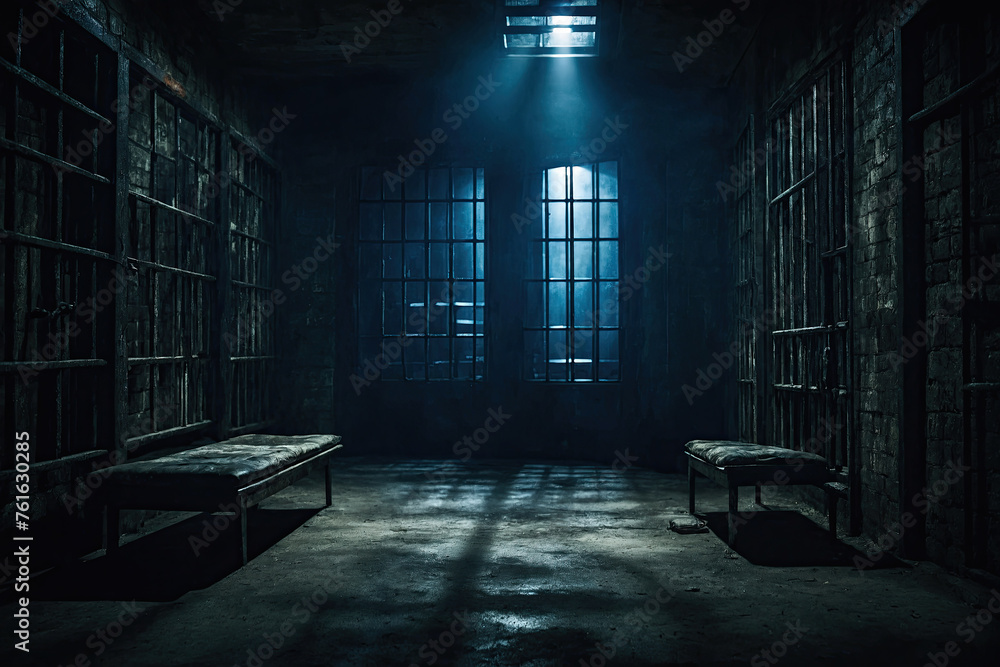 Rusty old prison block. Light shining from the iron bars in the old ...