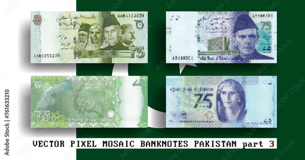 Vector set pixel mosaic banknotes of Pakistan. Collection notes in ...