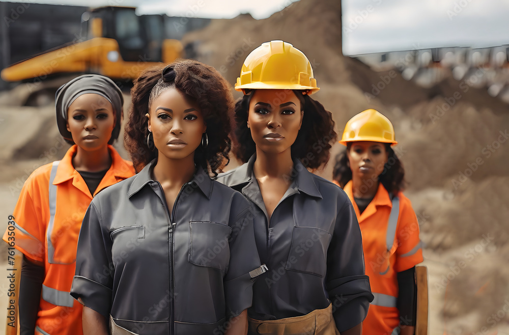 group portrait of construction black female workers with background of ...
