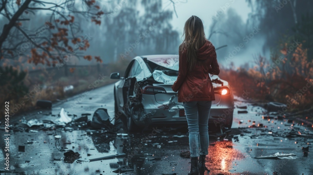 A somber scene captures a woman facing a car crash on a rainy day, with ...