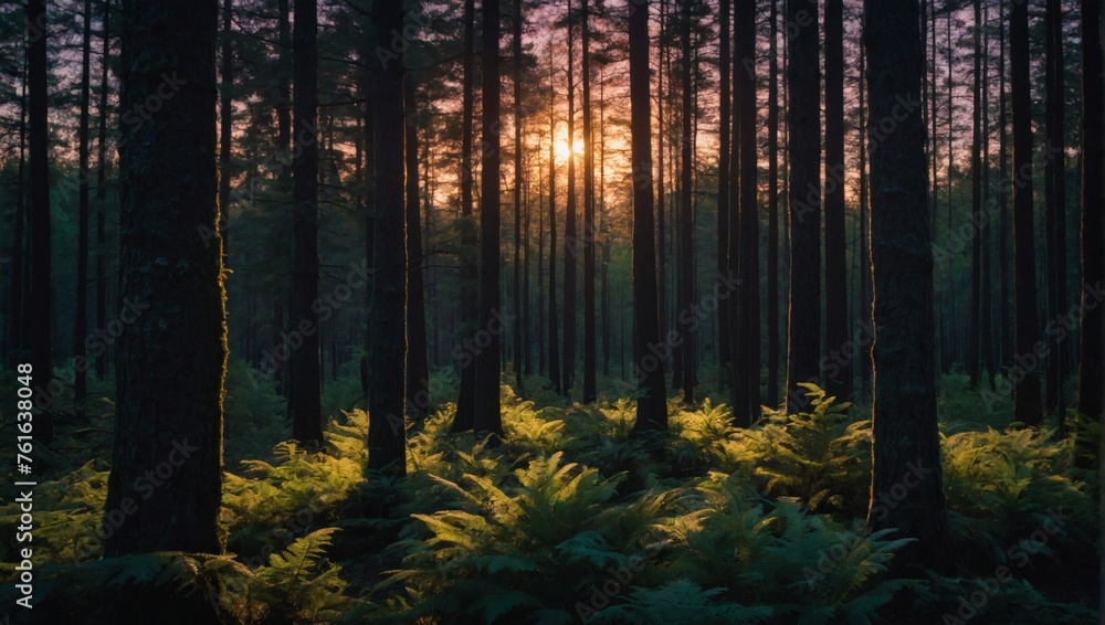 As night falls, the forest is bathed in the soft glow of twilight, with ...