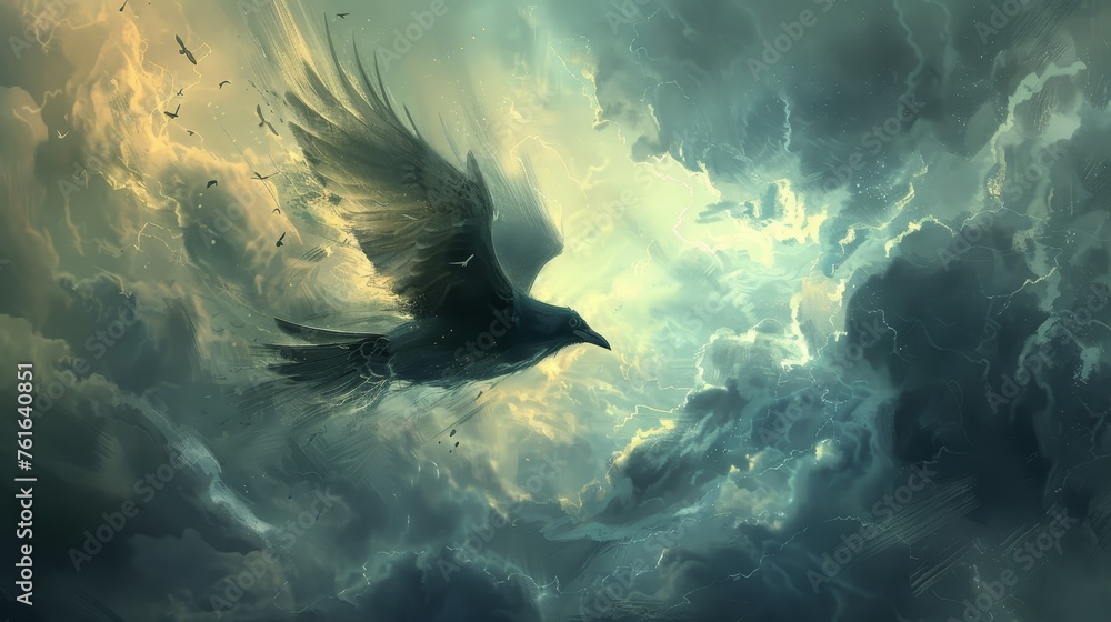 An epic scene captures a powerful bird soaring with outstretched wings ...
