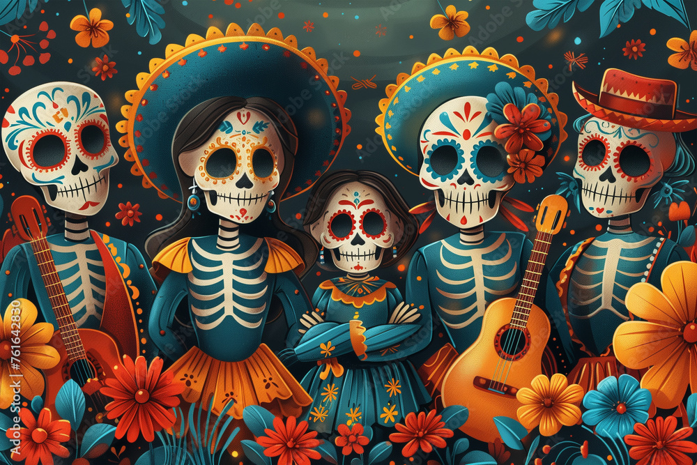 Dia de los Muertos Skeletons Dancing in Traditional Attire,Calacas ...