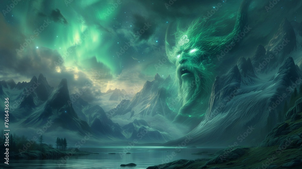 Mythical Beast in Awe of Northern Lights with Intricate Celtic Design ...