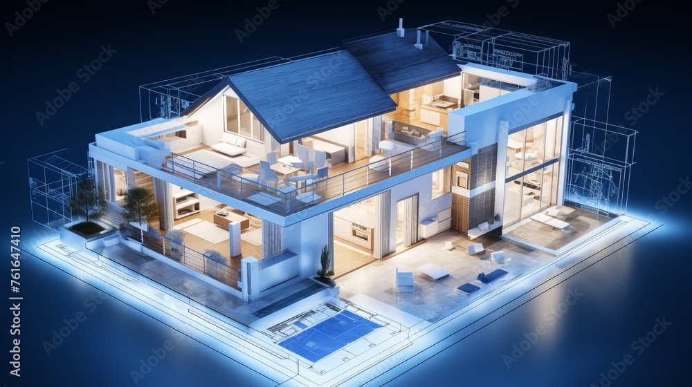 vision of architecture of a 3d model house project with blueprint Stock ...