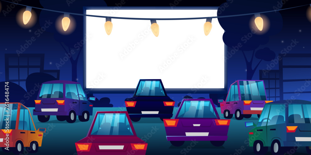 Outdoor cinema, drive-in movie theater with cars on open air parking ...