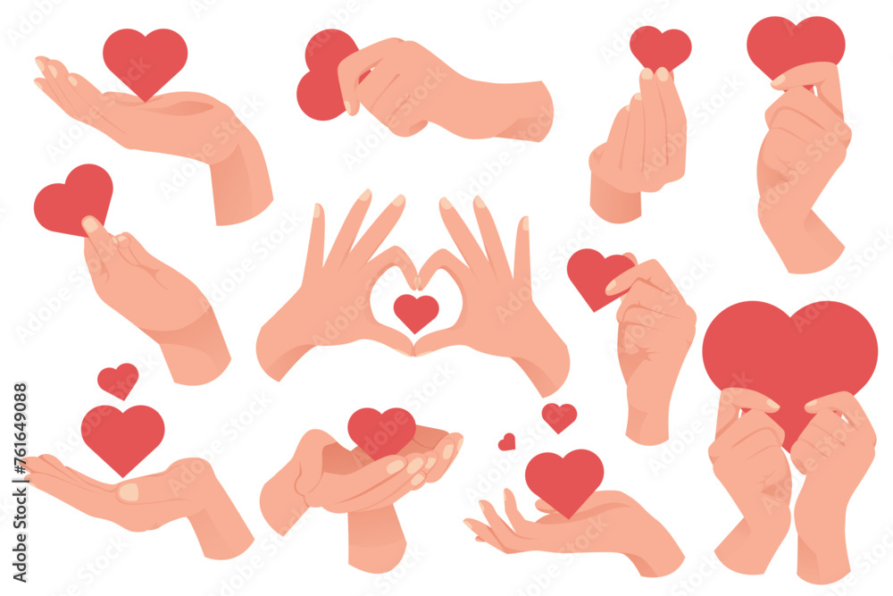 Cartoon flat vector illustration of hand holding heart. Fingers hold ...