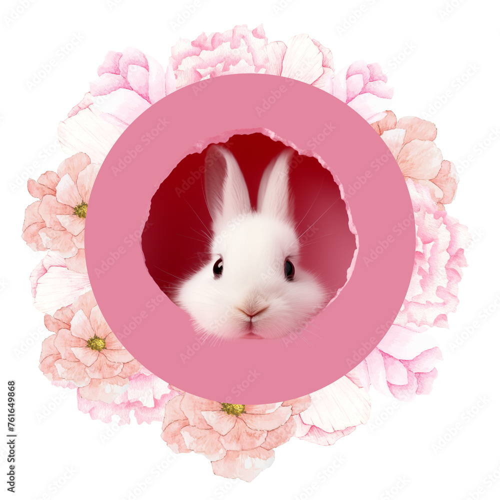 pink rabbit peeks out of a hole, spring flowers around, transparent ...