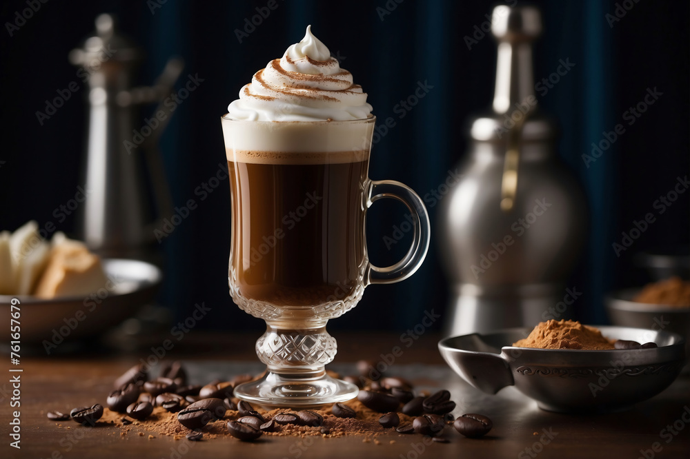 Verführerischer Irish Coffee mit cremiger Sahne und Schokoladenpulver ...