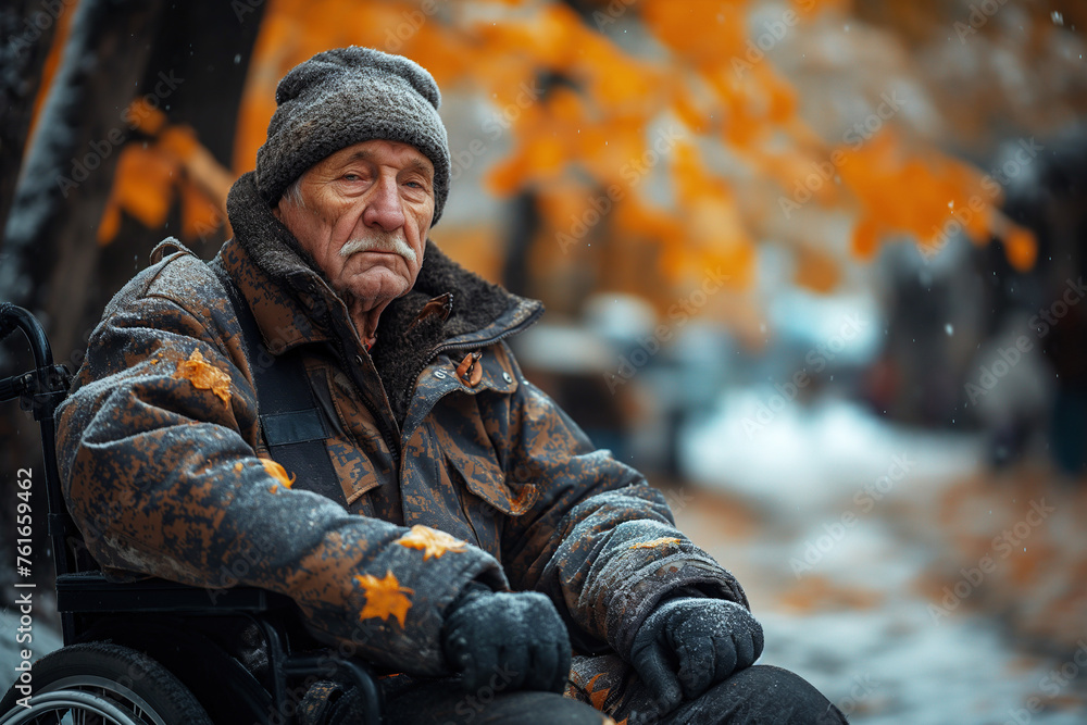 portrait of old elderly military veteran disabled man homeless in ...