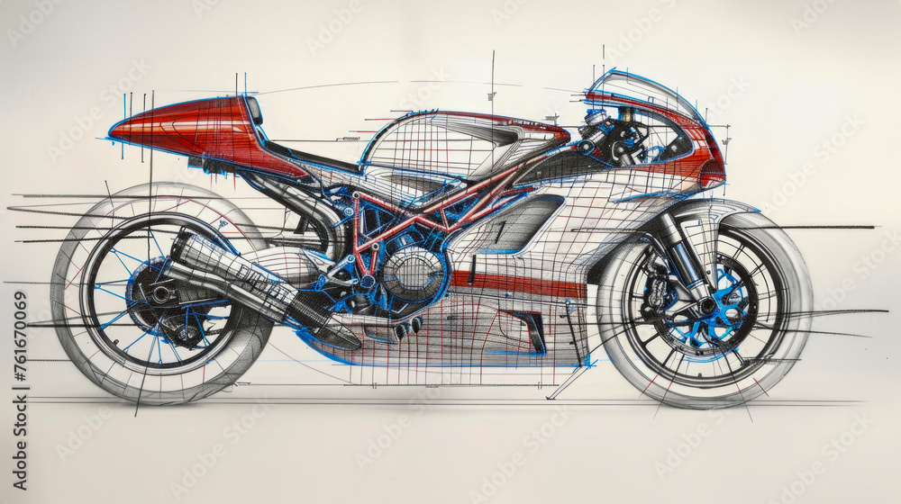 Technical drawing blueprints background, of a concept red motorcycle ...