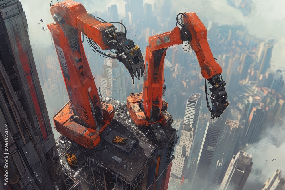 Two red robots positioned on the rooftop of a towering building, A team ...