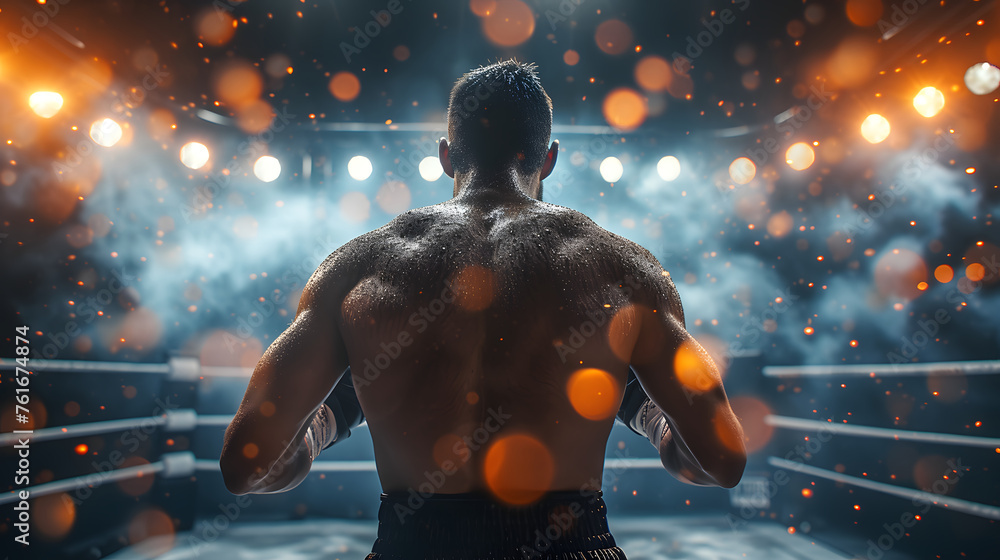 Back view of a male boxer facing a boxing ring. Dramatic sports concept ...