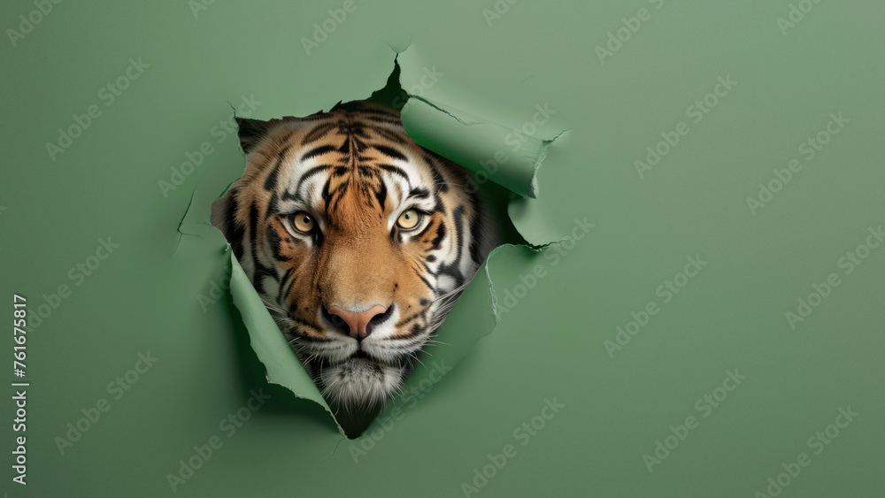 This striking image shows a tiger's head emerging from a green ...