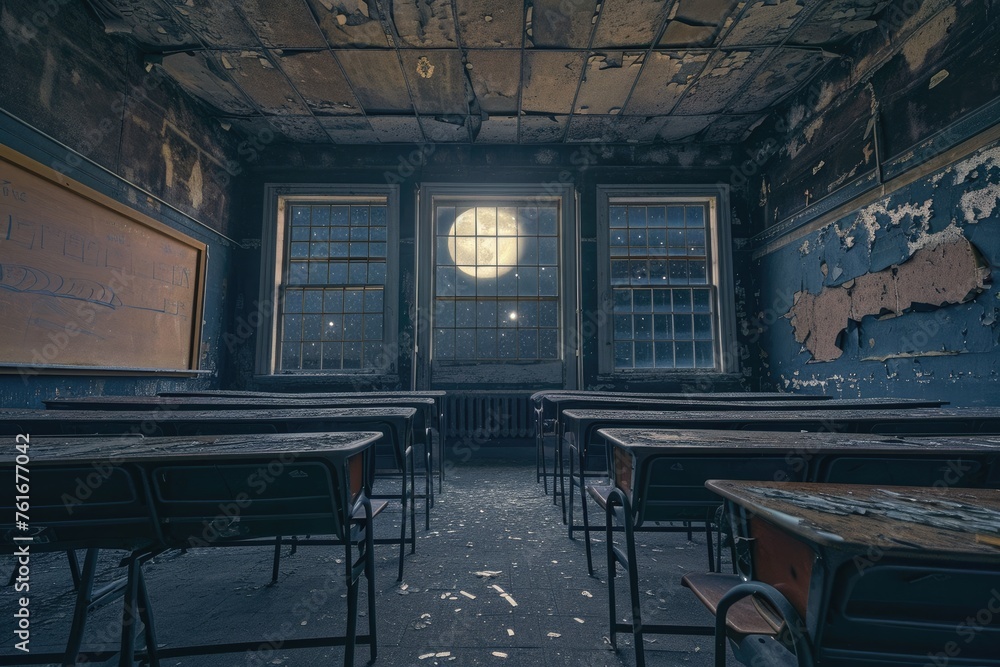 An empty classroom is bathed in the ethereal light of a full moon ...