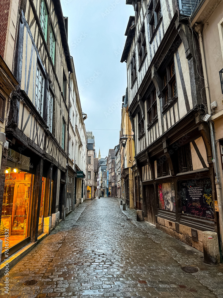Rouen, France - 18.02.2024. Medieval street view of historical center ...