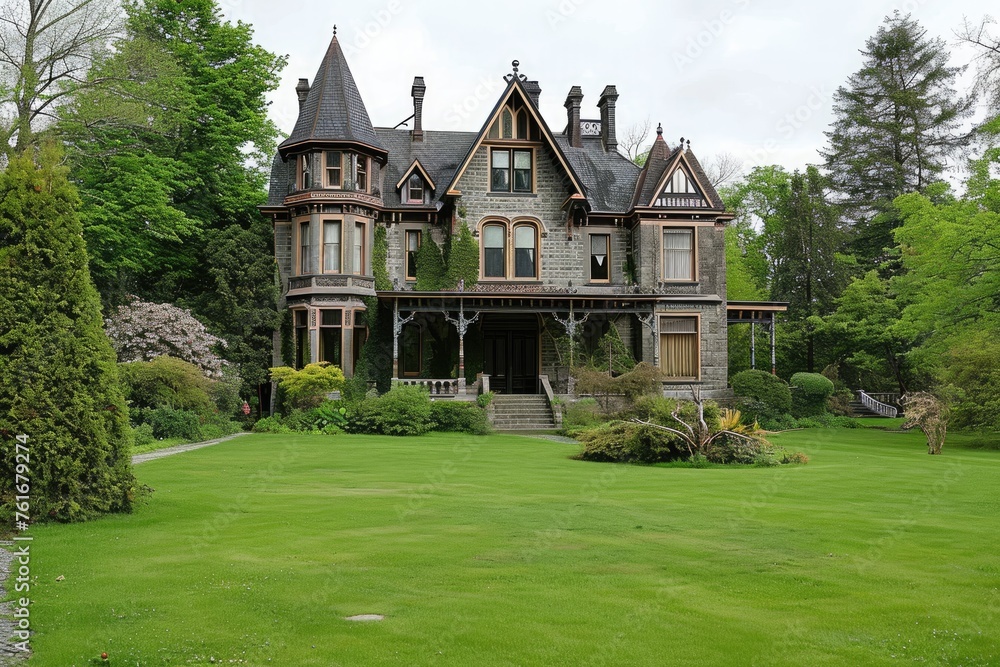 A large house stands prominently in the center of a vibrant green field ...
