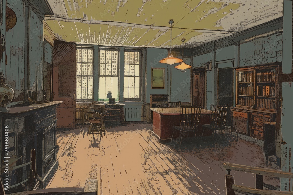 A detailed drawing showcasing a living room with a fireplace as the ...