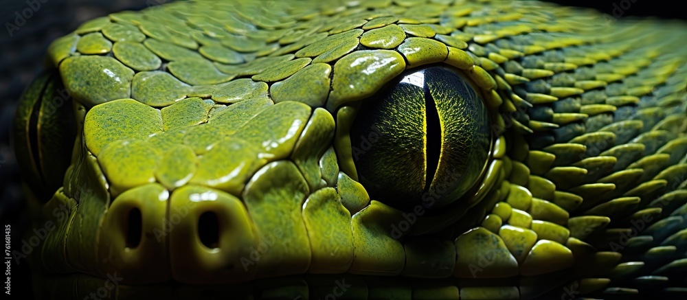 A macro photograph capturing the intricate details of a green snakes ...