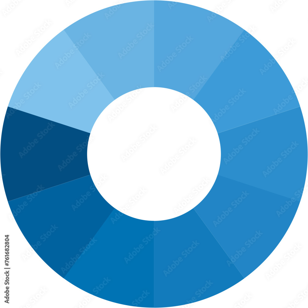 Blue gradient separate doughnut graph pie chart icon with 10 colourful parts. Morden flat design ...