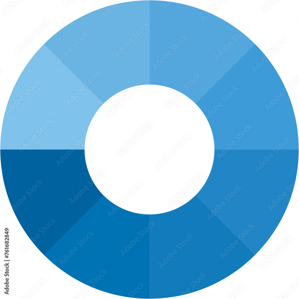 Blue gradient separate doughnut graph pie chart icon with 8 colourful parts. Morden flat design ...