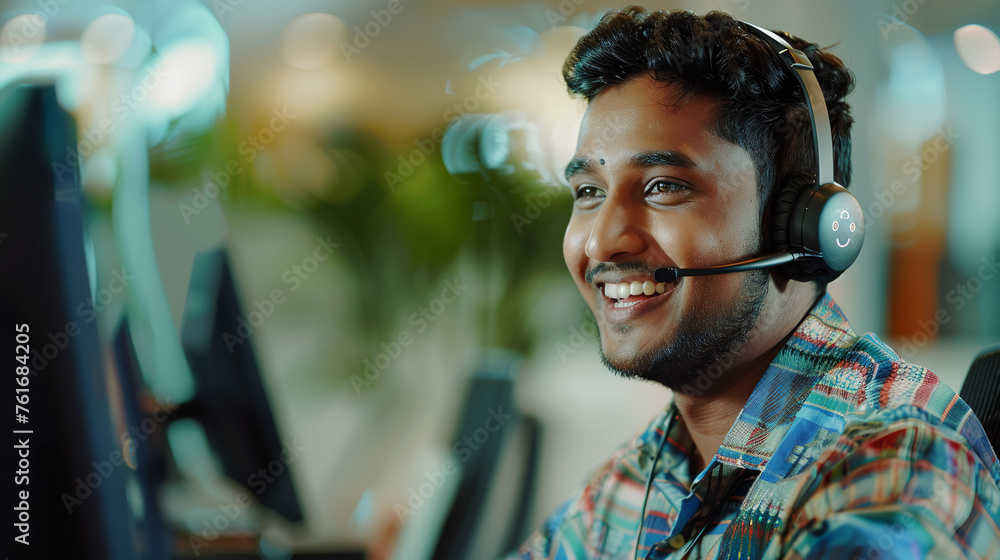 Happy Indian call center agent wearing headset talking to client ...