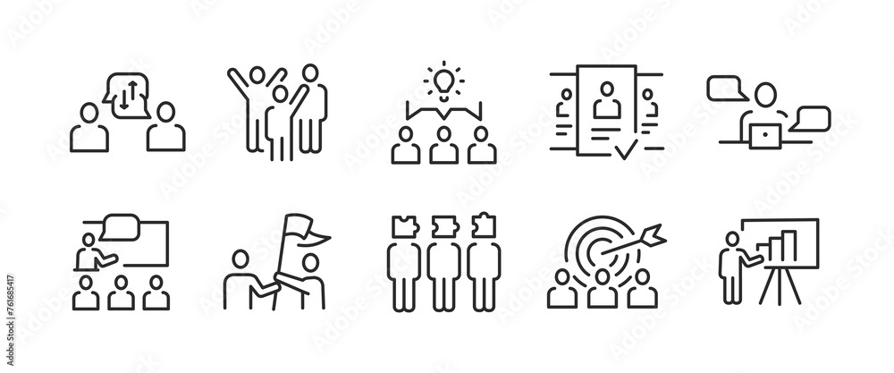 10 black outline icons show a group of people working together and interacting. The set of ...